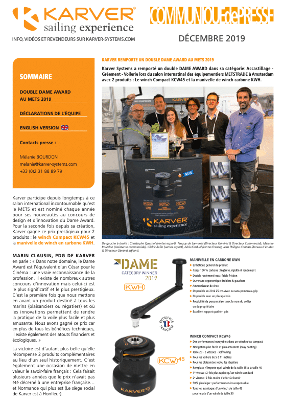 Communiqué de presse - Décembre 2019 - Karver systems